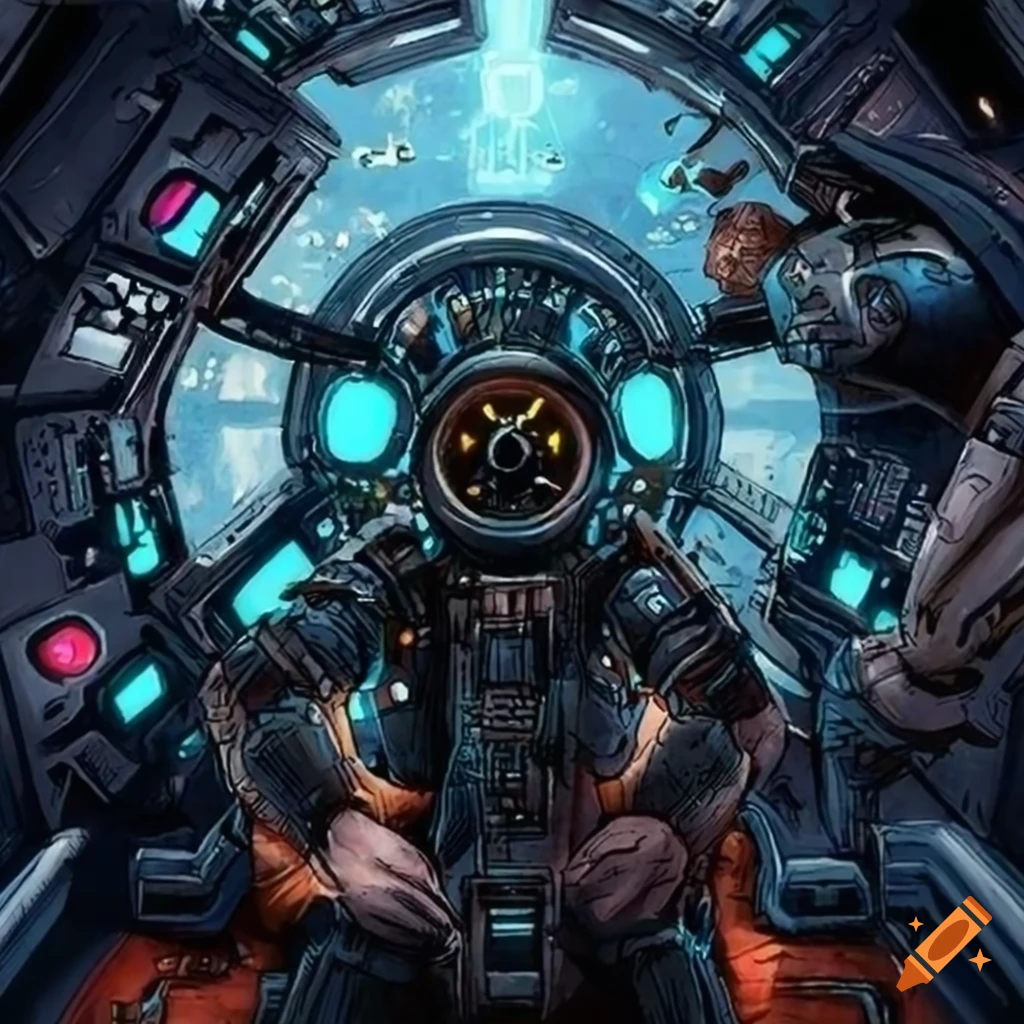 Detailed artwork of pilots in futuristic cockpit on Craiyon