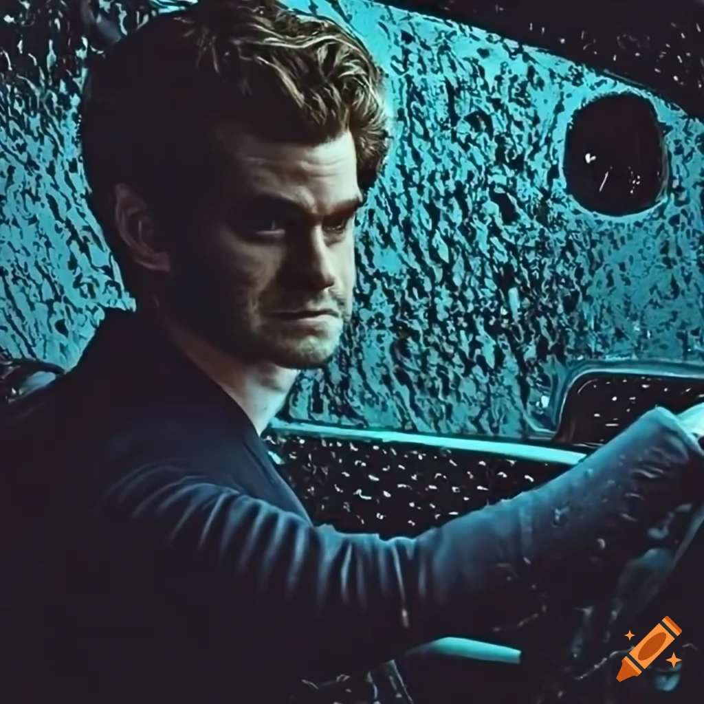 Andrew garfield sitting in a car on a rainy night