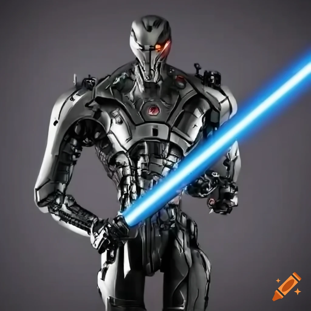 Ultron as a jedi cyborg with a blue lightsaber