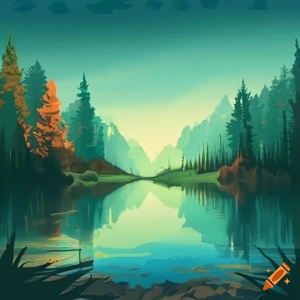 Autumn vector illustration of a forest surrounded by snowy mountains on ...