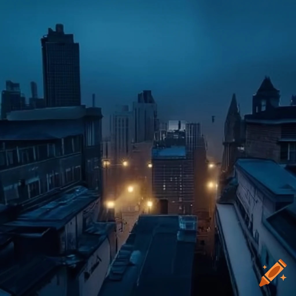 Dystopian city artwork on a school rooftop on Craiyon