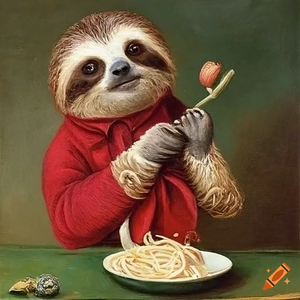 Oil painting of a sloth enjoying spaghetti