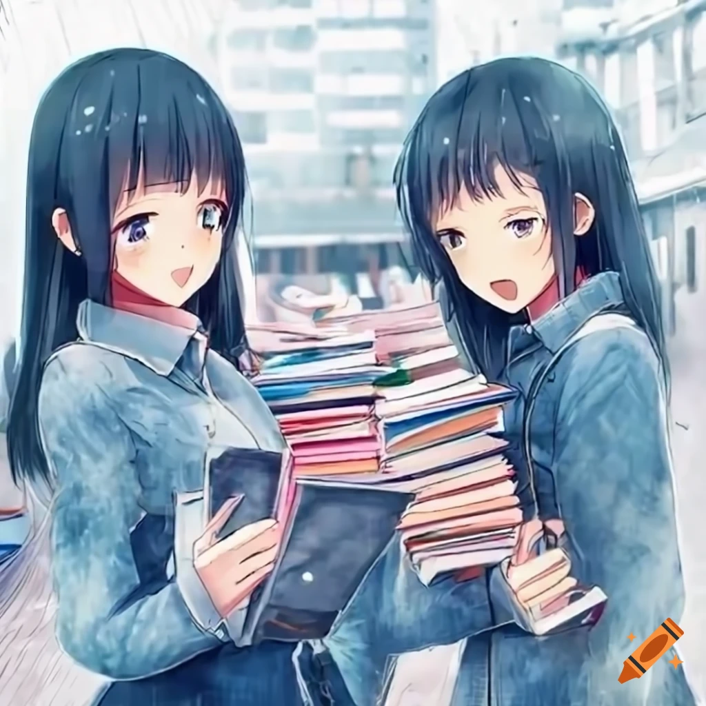 Anime girls reading books at an outdoor market in the rain
