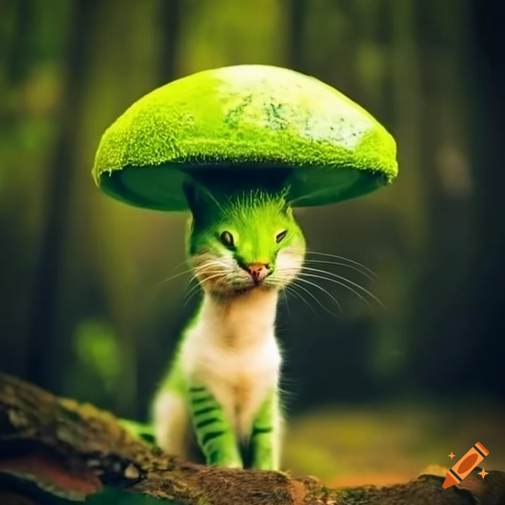 Fantasy illustration of a green cat with a mushroom hat in a forest on ...