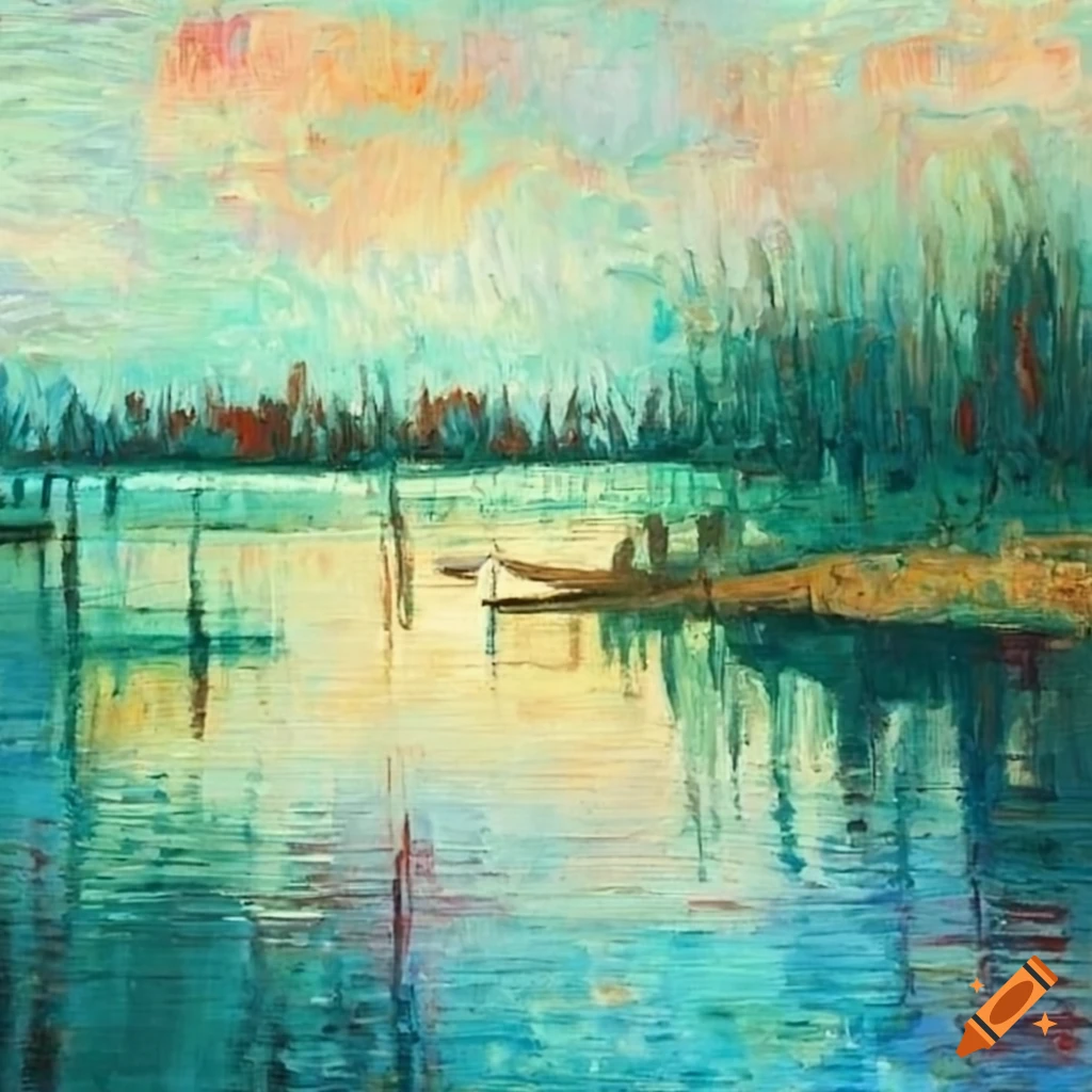 Abstract impressionist painting of a river with boats and a forest ...