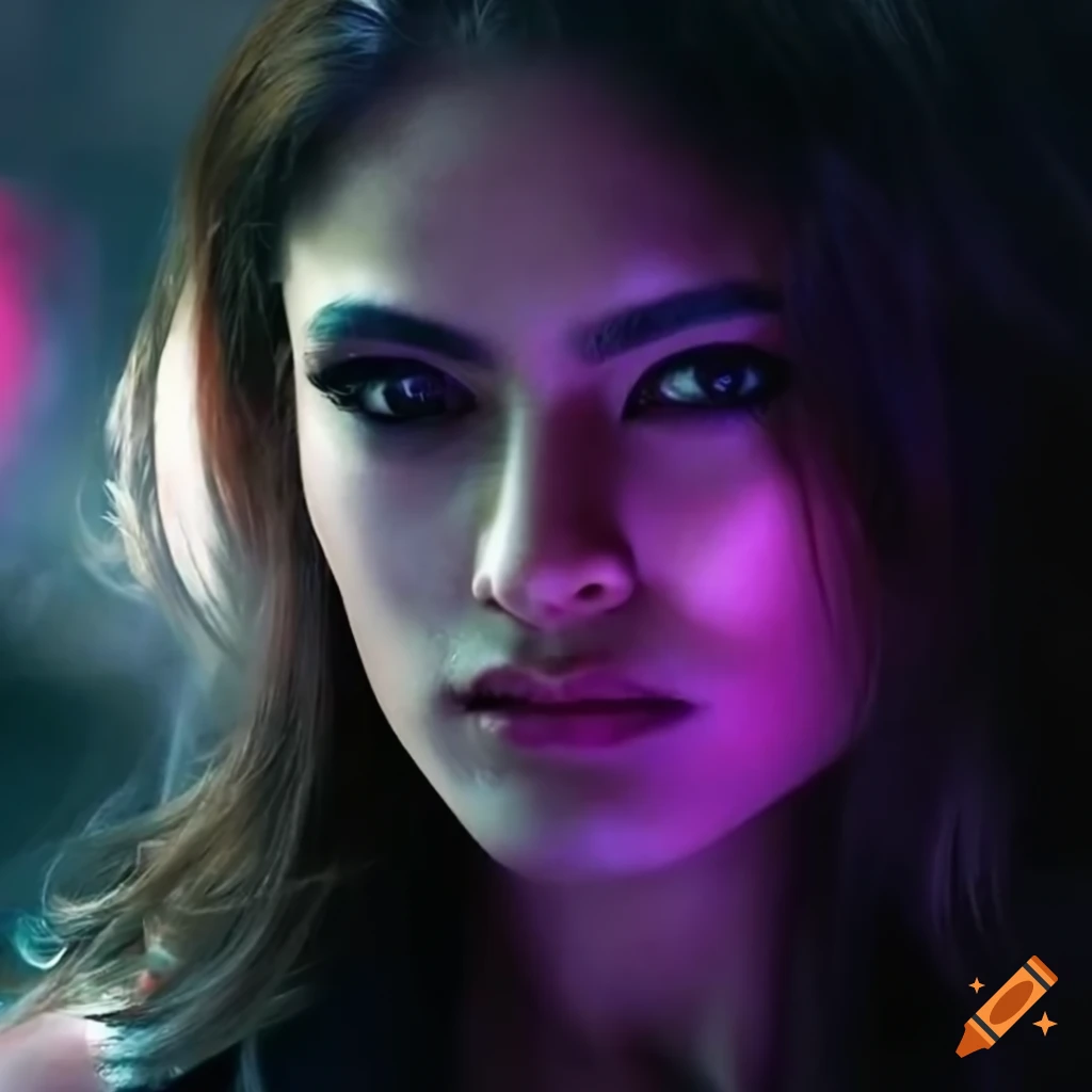 Female fighter in a movie fight scene showing dizzy expression on Craiyon