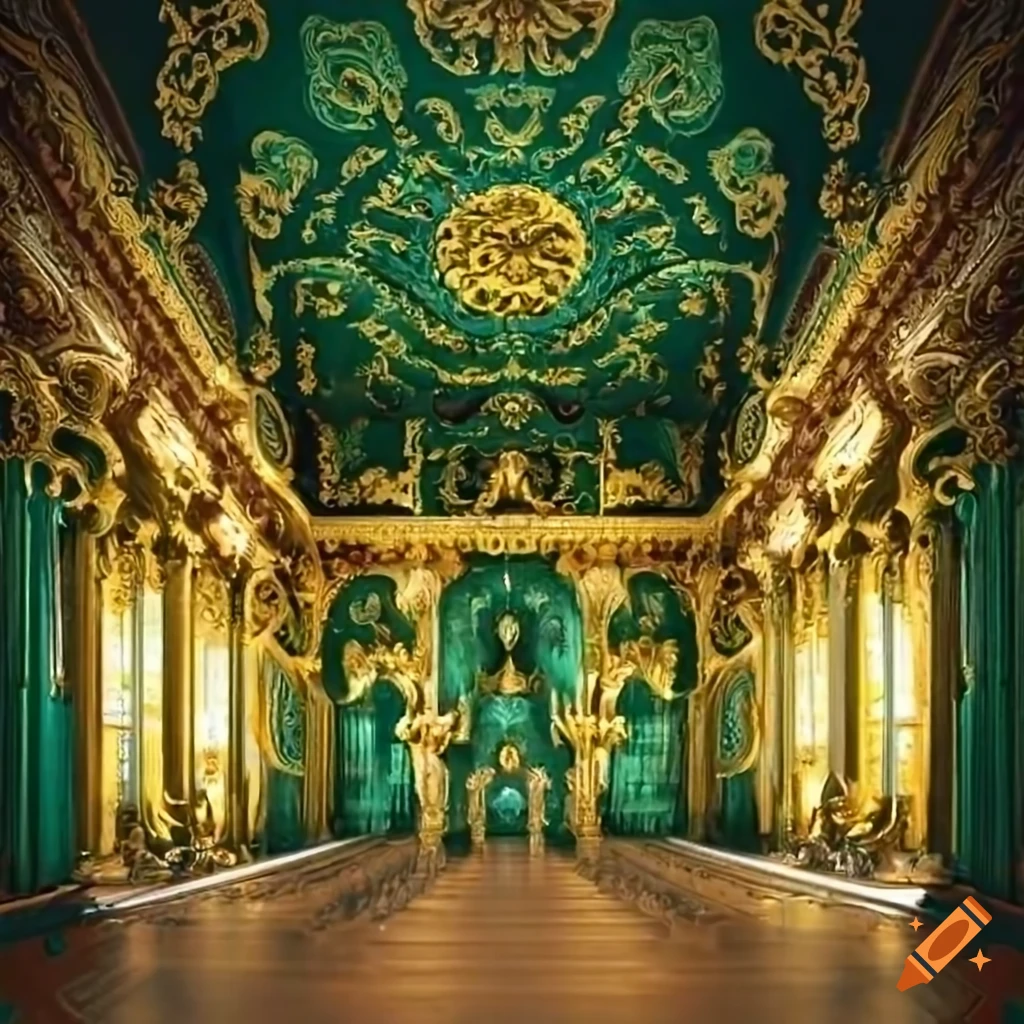 Ornate french style royal hall with dragon and sun motifs on Craiyon