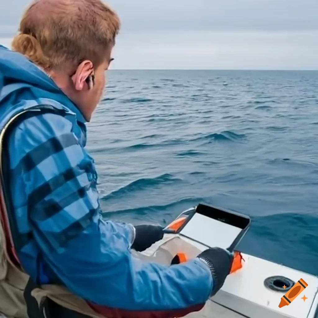 Fisherman using advanced navigation technology on open sea on Craiyon