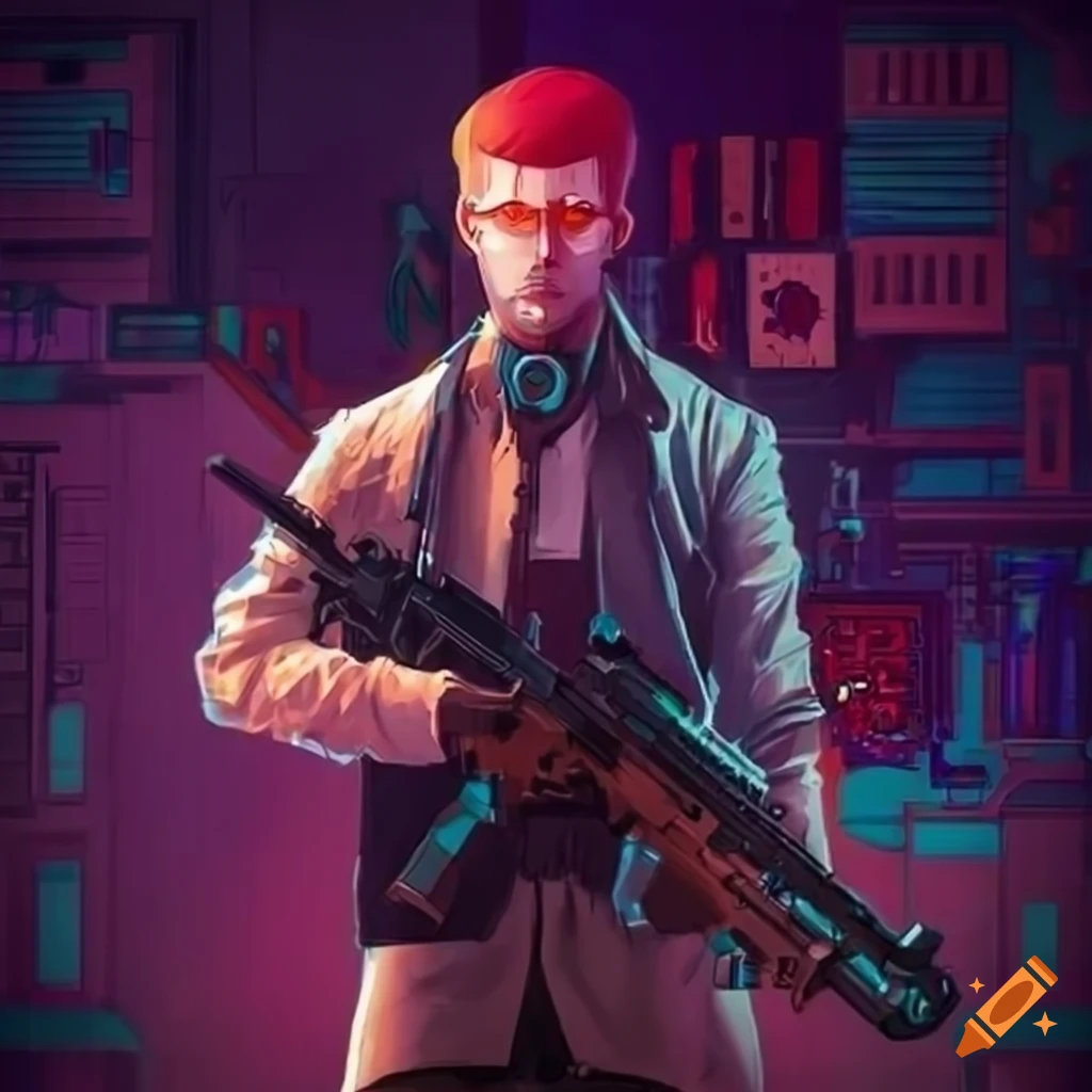 Image of a cyberpunk scientist holding a rifle on Craiyon