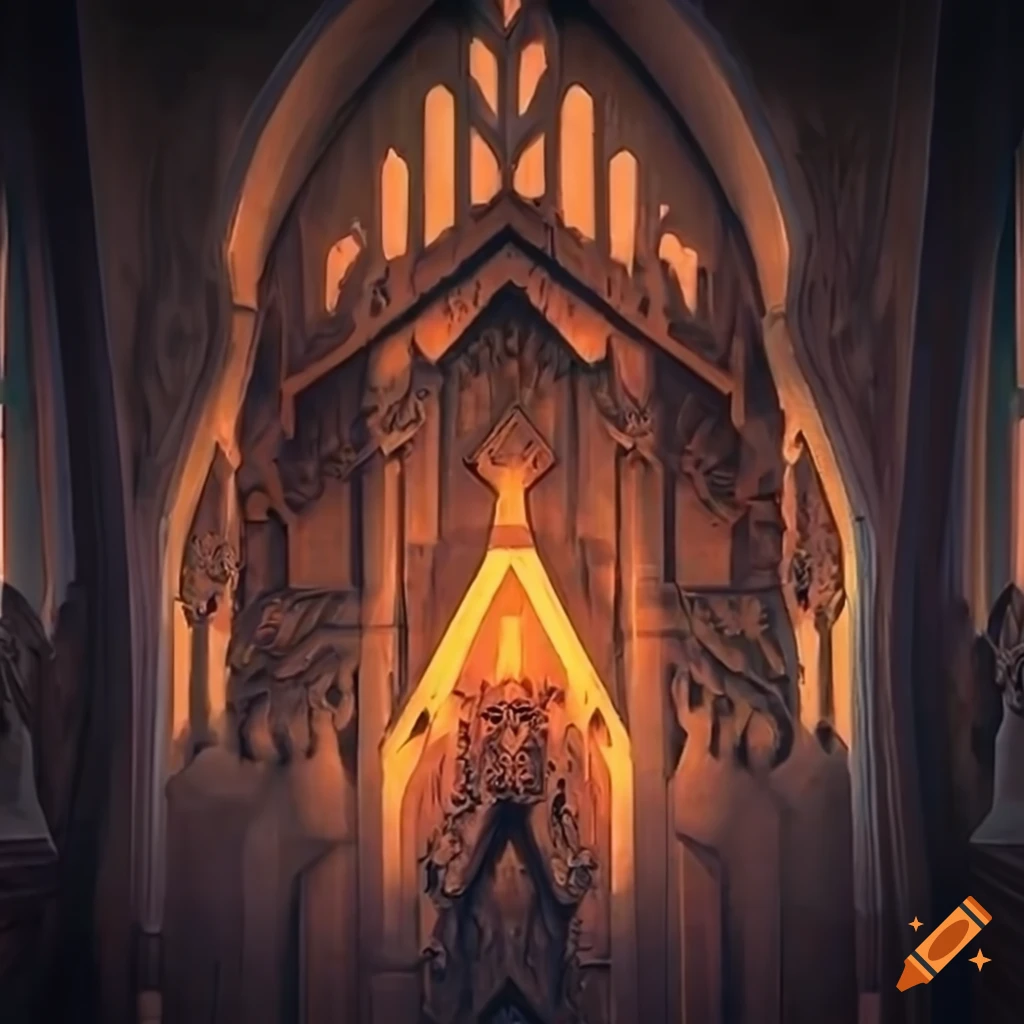 Architectural stave carving artwork with vibrant details