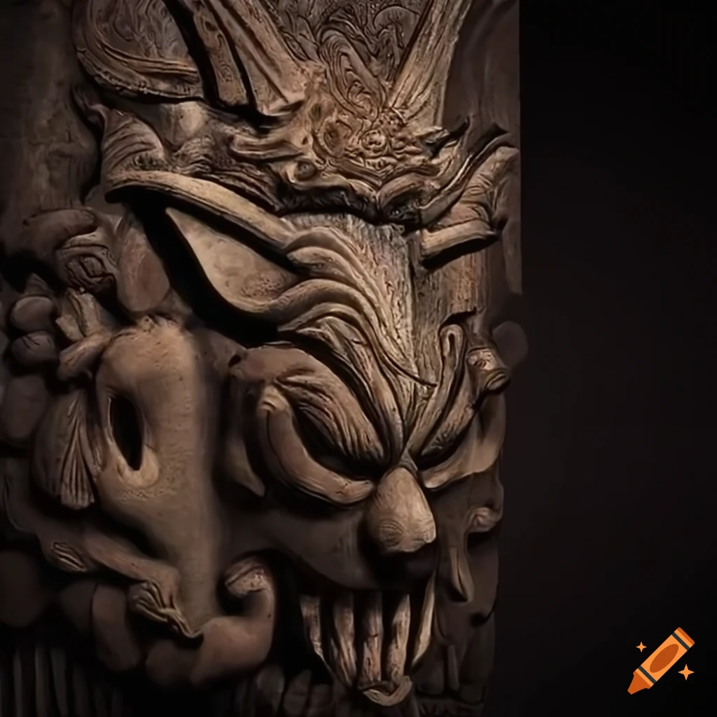 Wood carving of a moth and werewolf motif on Craiyon