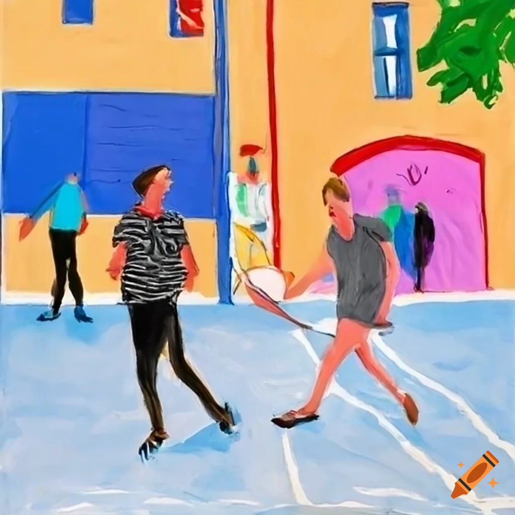 Street art style painting of three people playing badminton