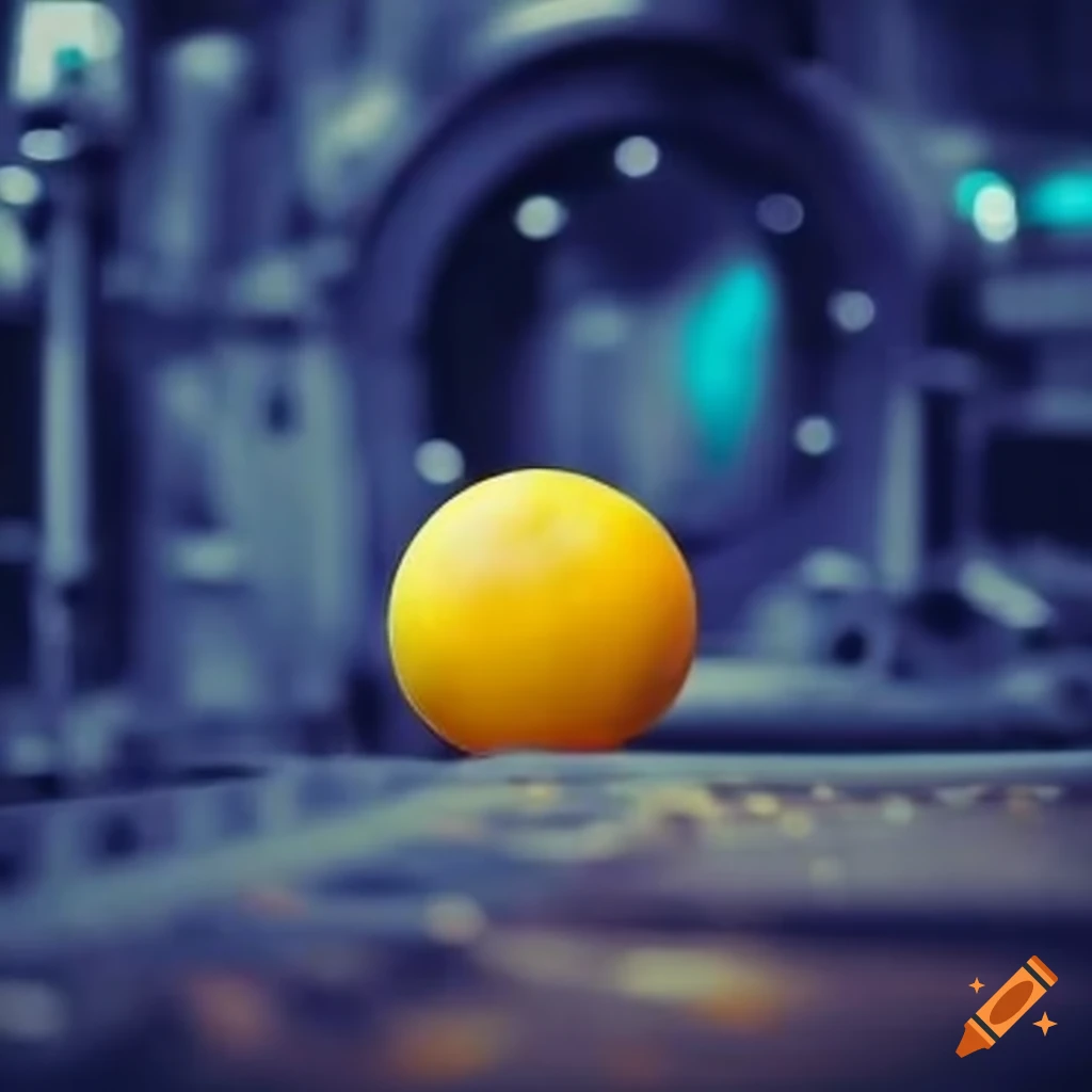 Vibrant yellow ball rotating amidst factory machinery on Craiyon