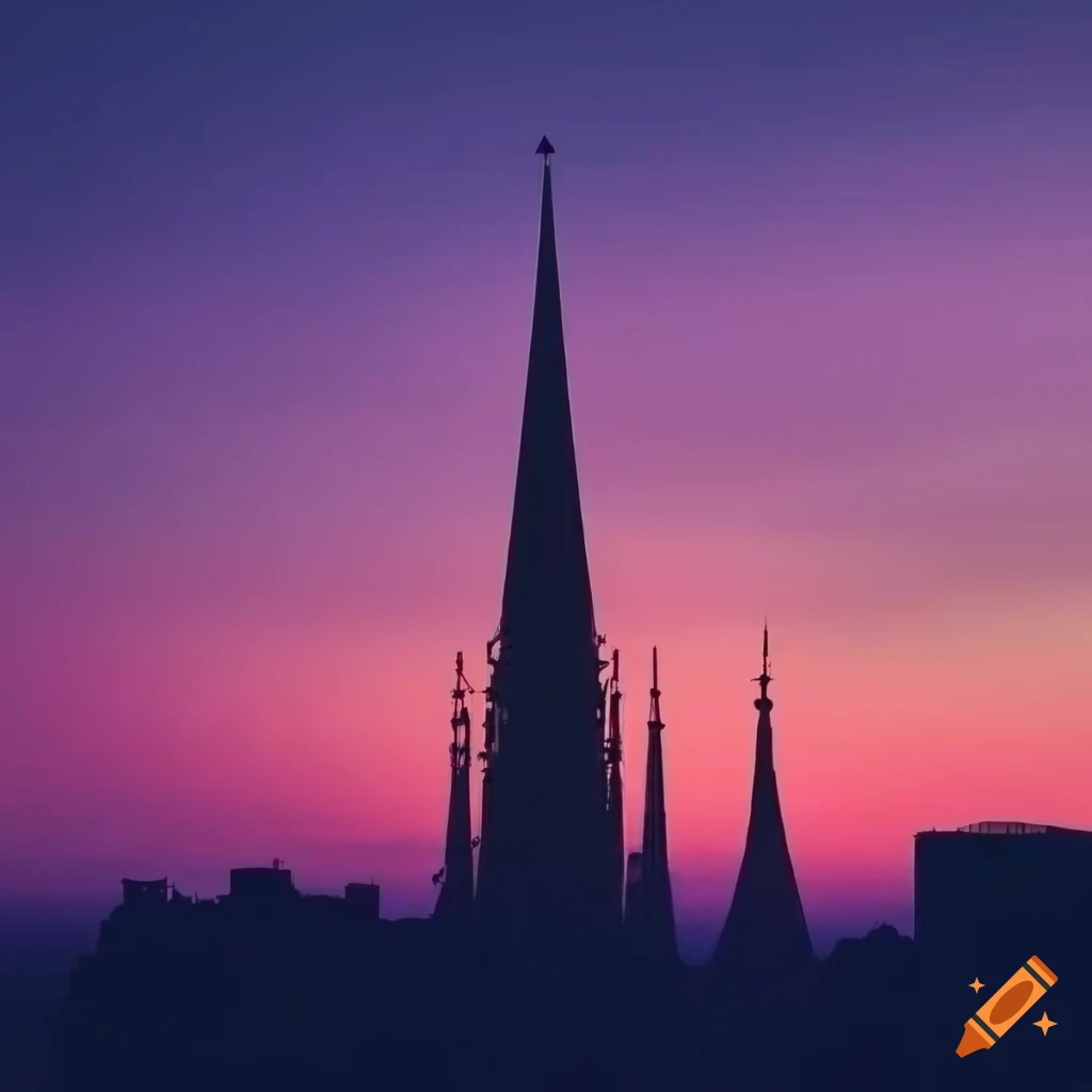 Panoramic sunset skyline of a city with gobo motifs on Craiyon