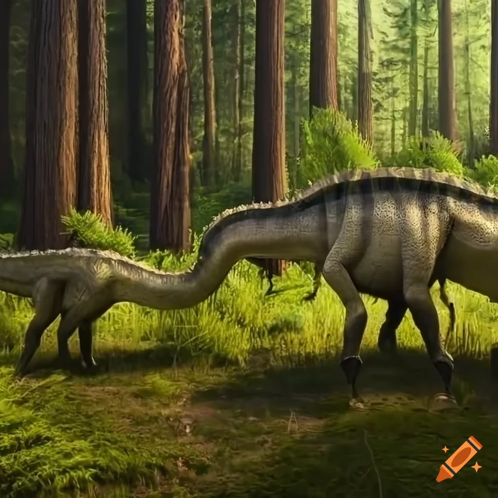 Three striped hadrosaurus dinosaurs in a field with fern undergrowth ...