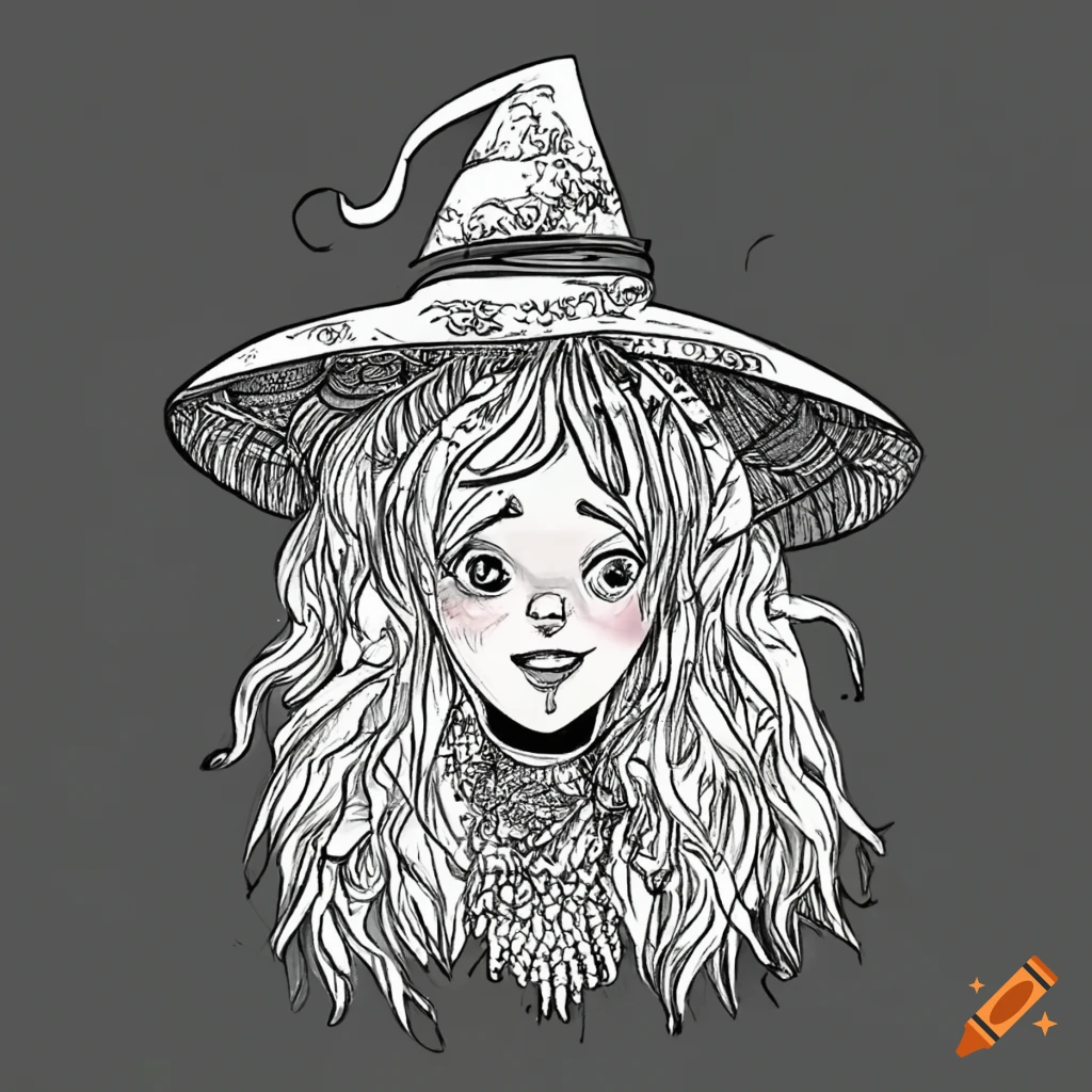 Simplistic black and white illustration of a witch with a hat on Craiyon