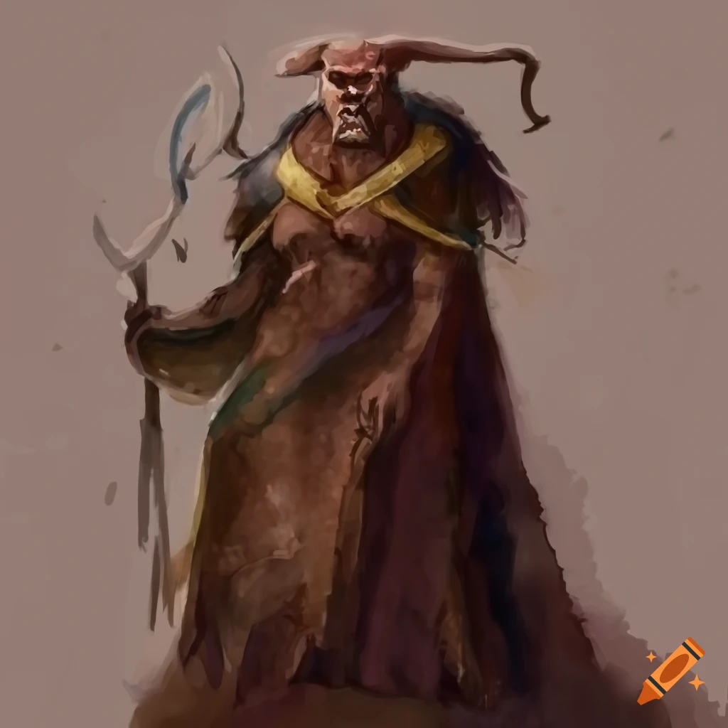 Illustration of a Minotaur wizard in a cloak on Craiyon