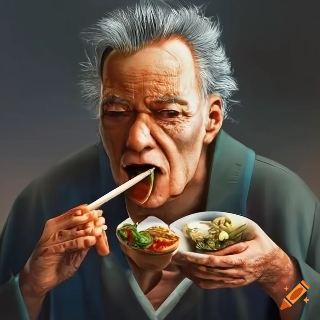 John de lancie eating chinese food with chopsticks