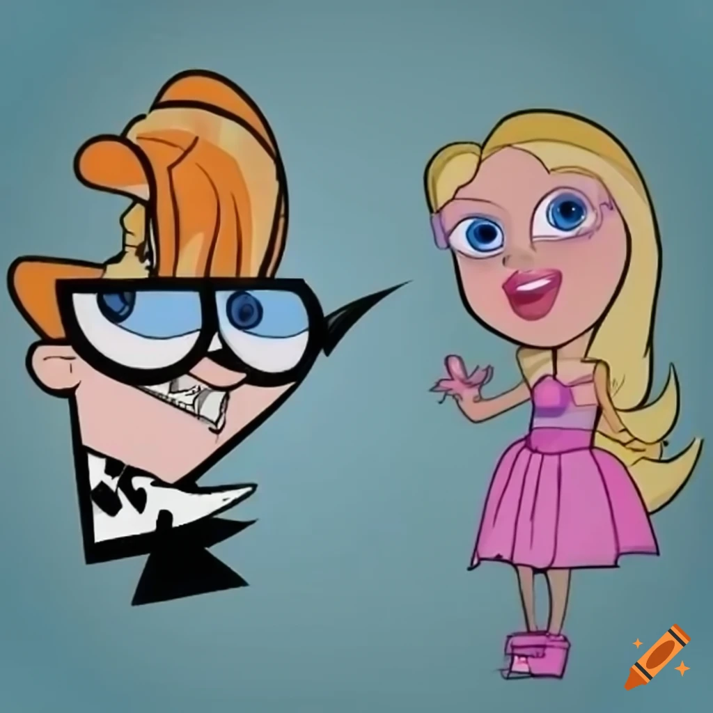 Cute 2D cartoon characters Dexter and Barbie on Craiyon