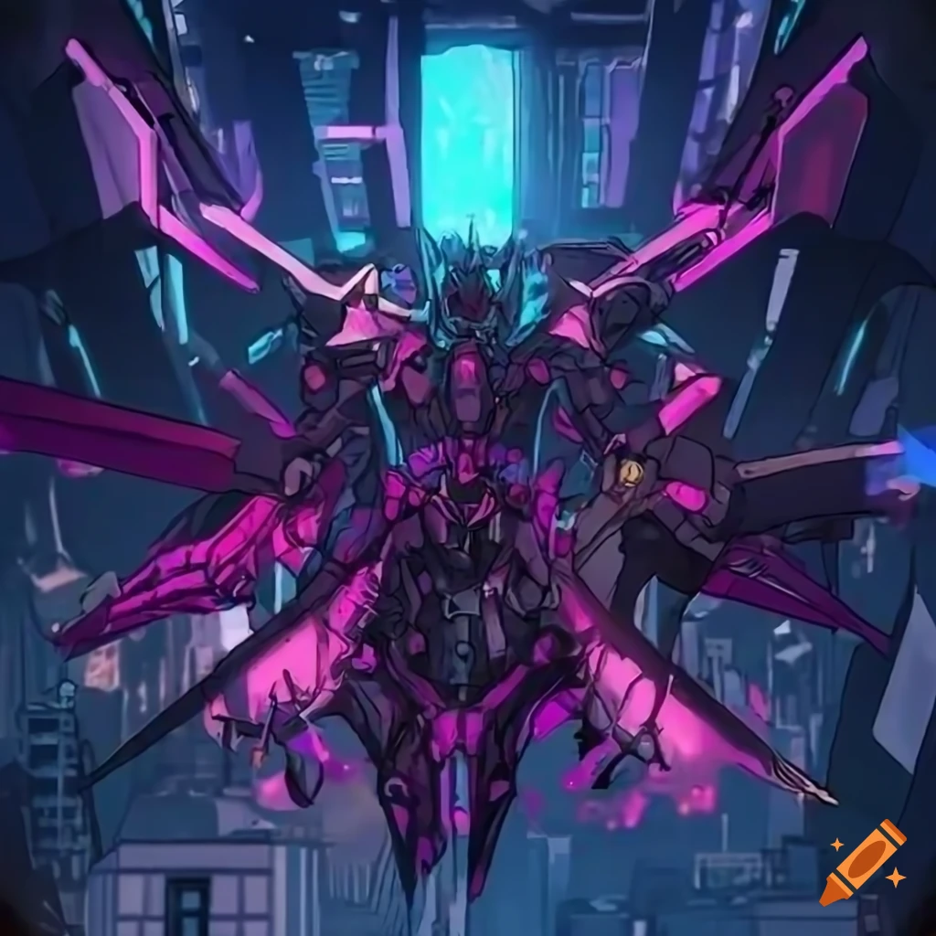 Anime-style mecha with a sword in a futuristic city on Craiyon