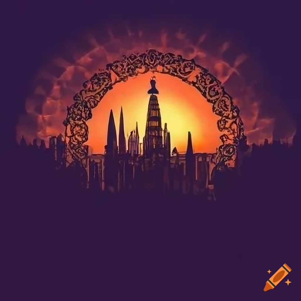 Panoramic sunset skyline of a city with gobo motifs on Craiyon