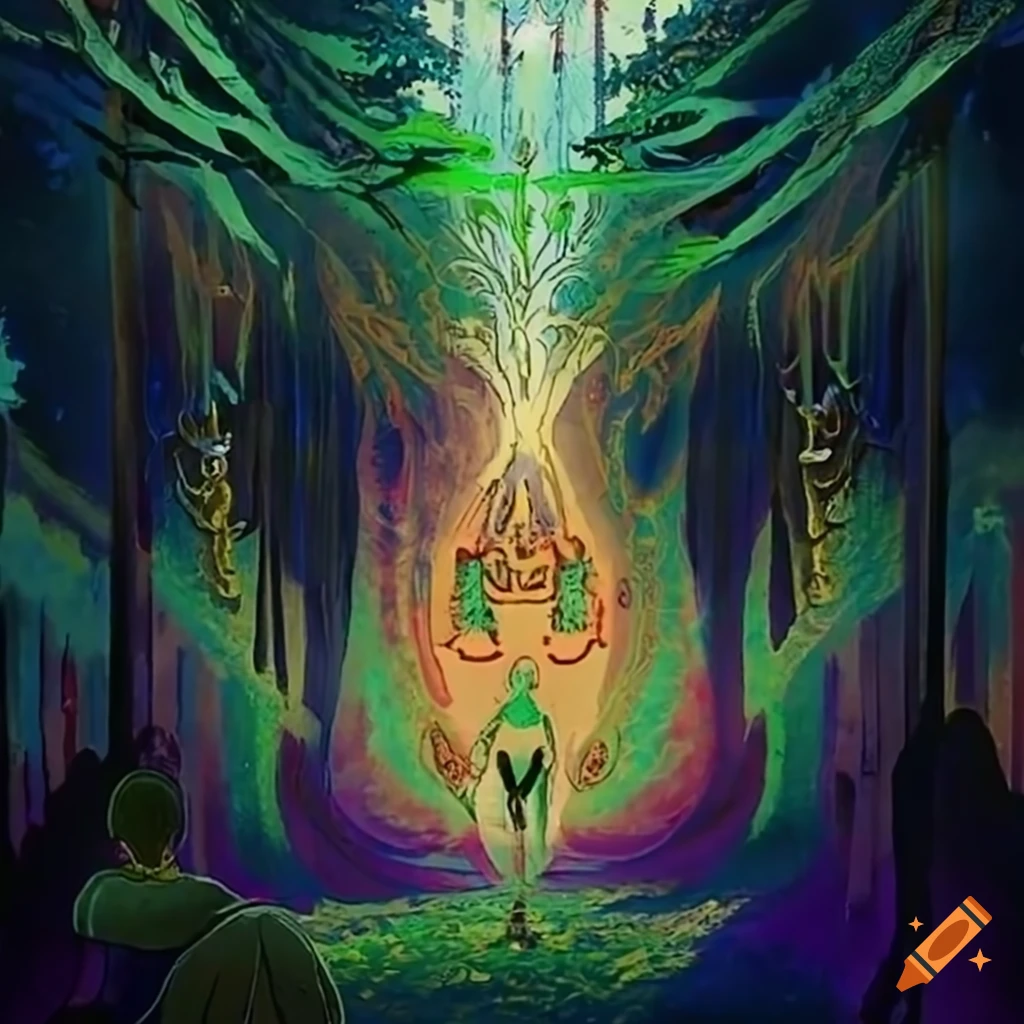 Illustration of a sacred santo daime path in a forest on Craiyon