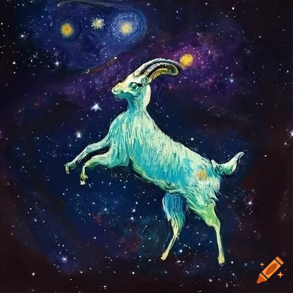 Van Gogh painting of a jumping goat with cosmic backdrop on Craiyon