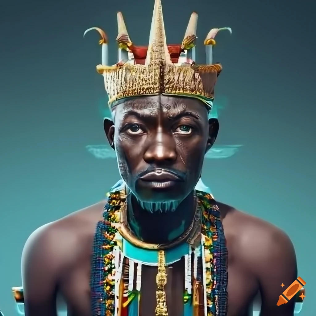 Close-up shot of an African King in a glass city on Craiyon