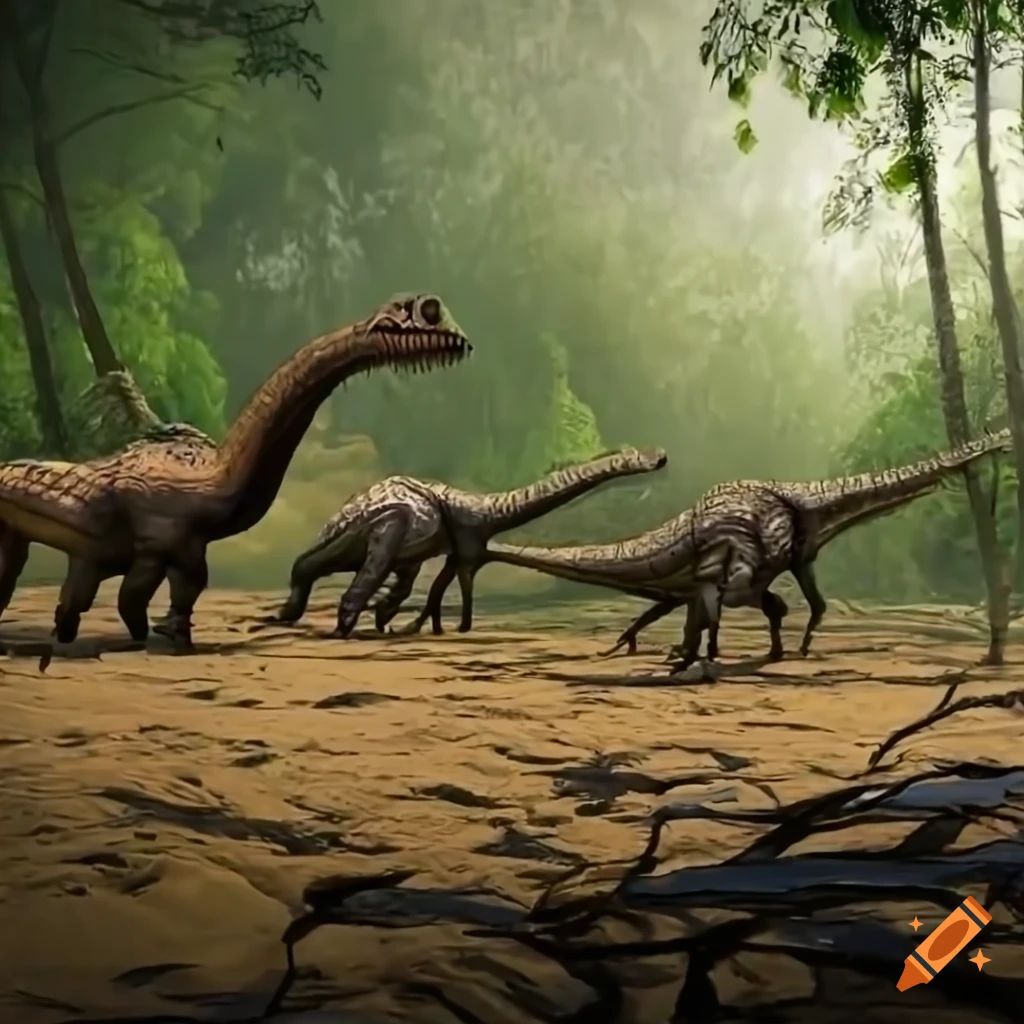 Striped hadrosaurus dinosaurs by the forest lake in cold morning light ...