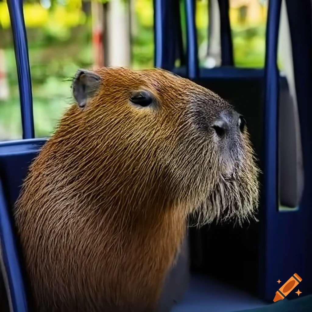 Capybara sightseeing in a city bus on Craiyon