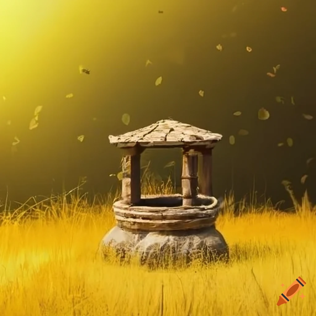 Ancient well on yellow grass