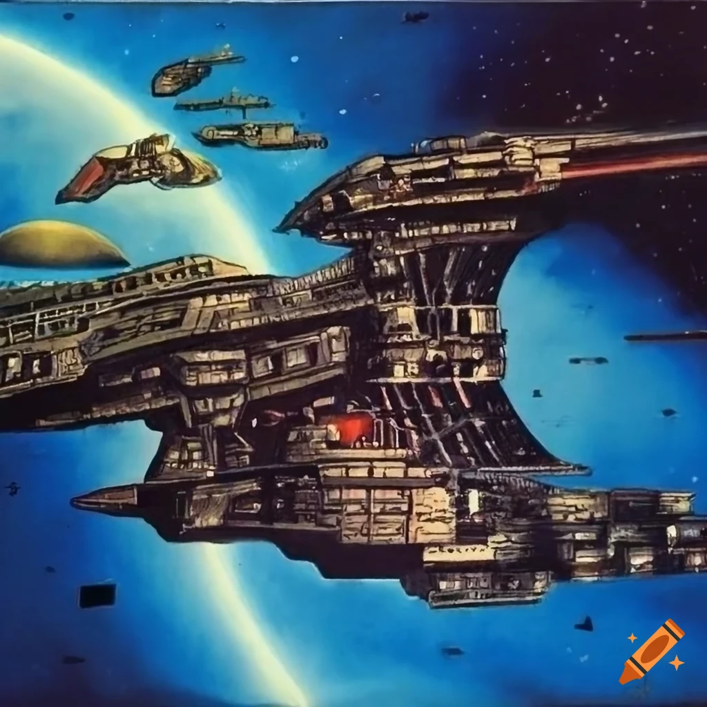 Artwork of a venusian capital-ship in 70s sci-fi style