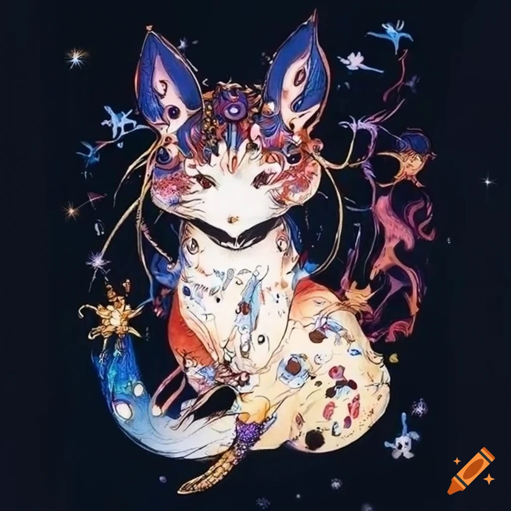 Intricately detailed anime humanoid kitsune character with expressive ...