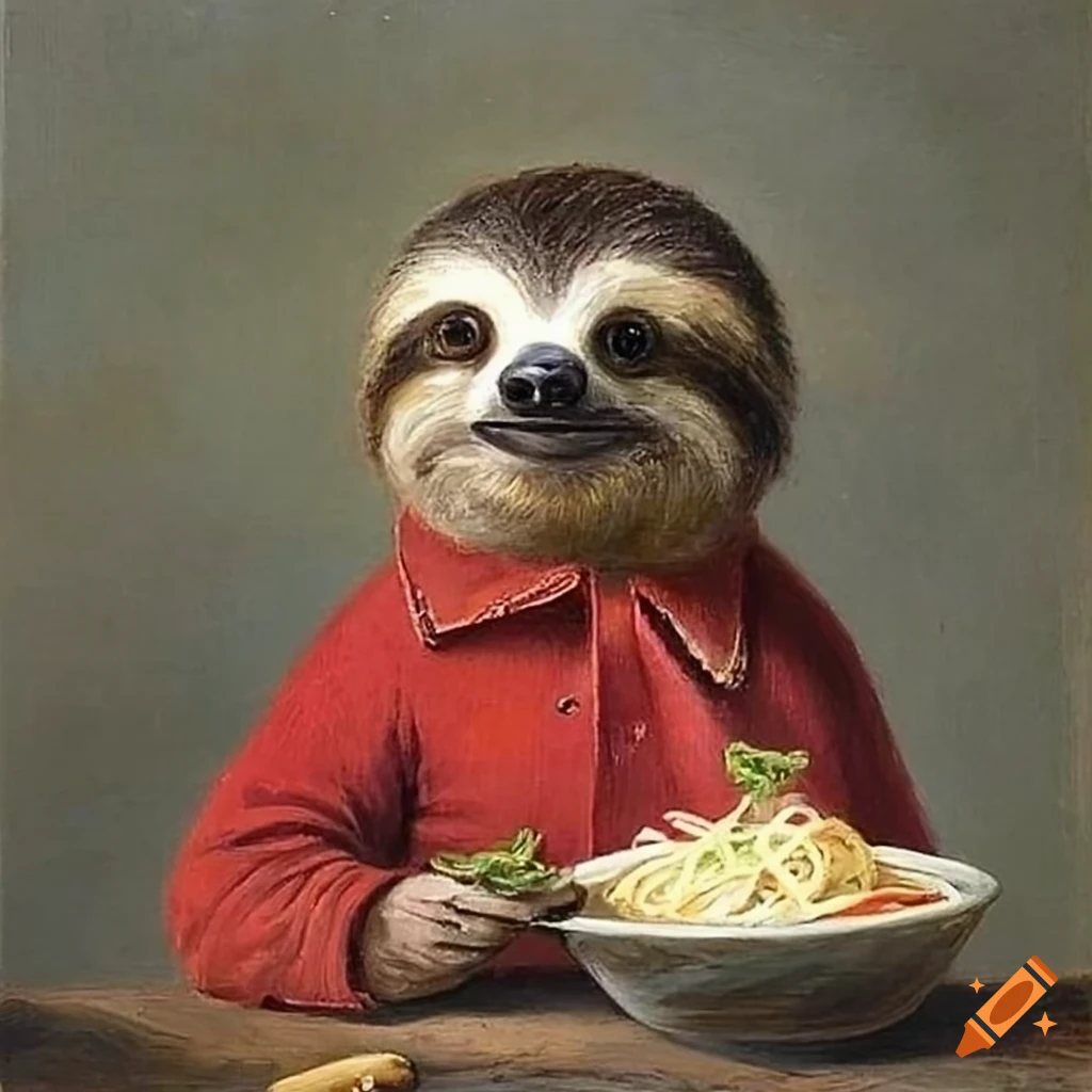 Oil painting of a sloth enjoying spaghetti on Craiyon