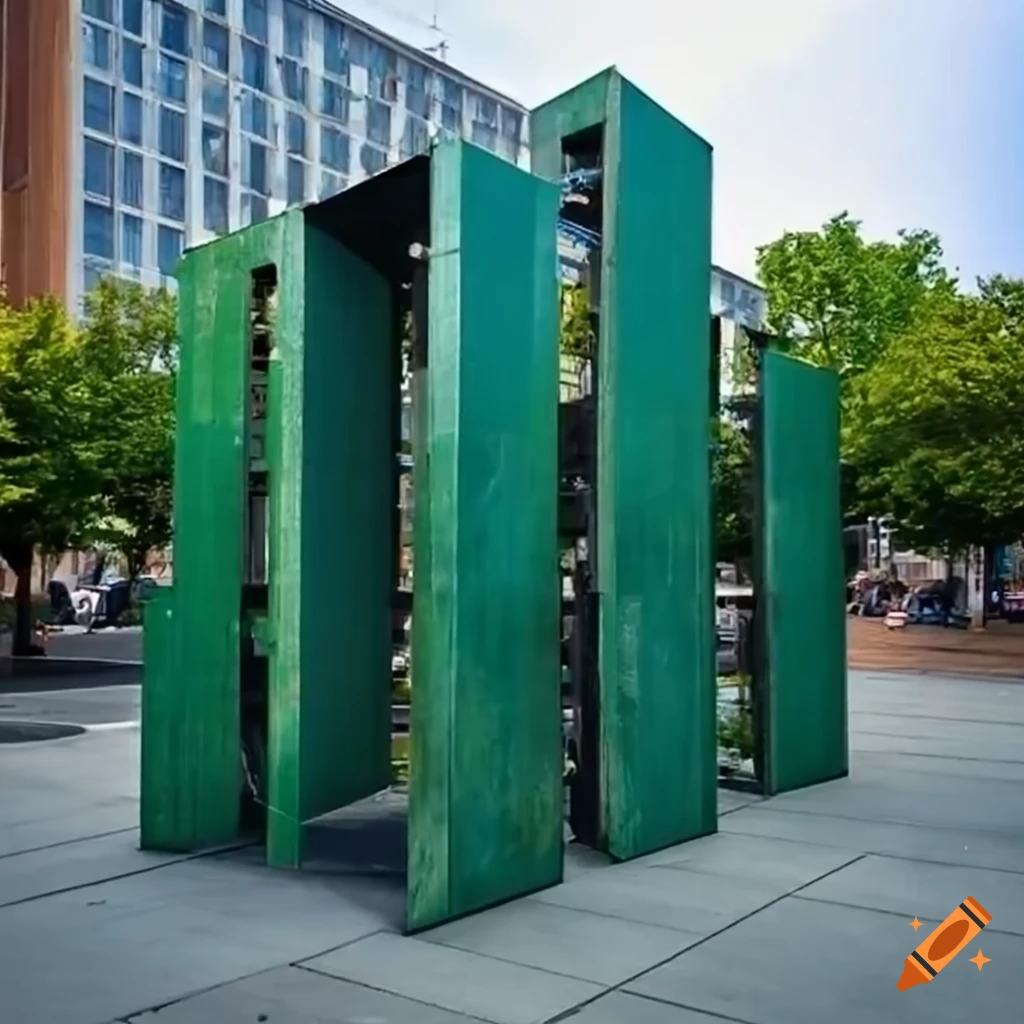 Monumental green steel sculpture with three doors in city center on Craiyon