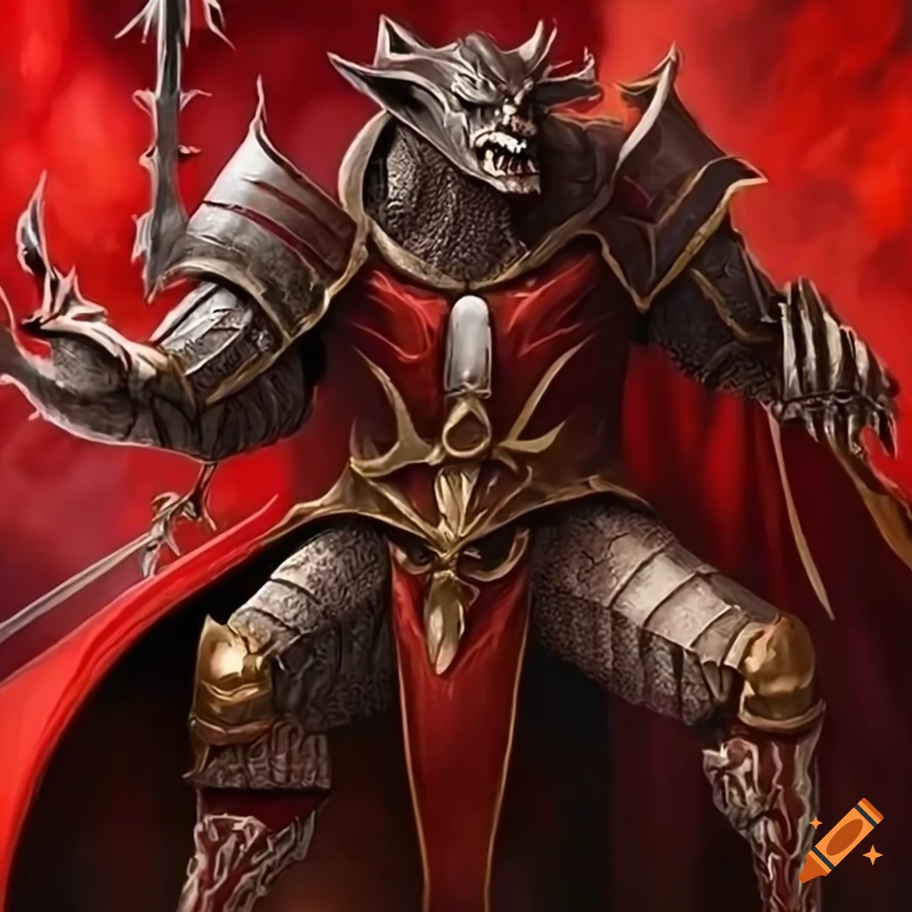 Fantasy art of a red-armored knight with sword on Craiyon