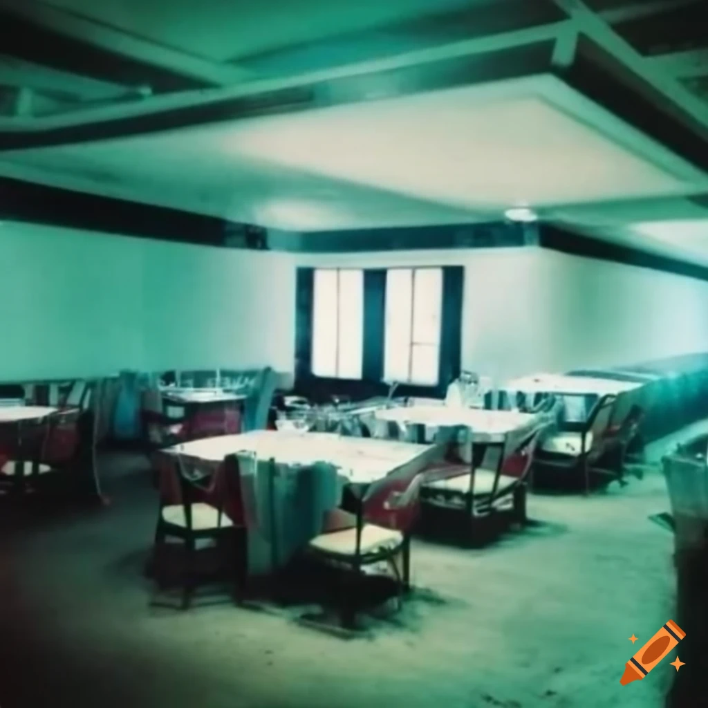 Haunting photograph of a liminal restaurant interior at night on Craiyon