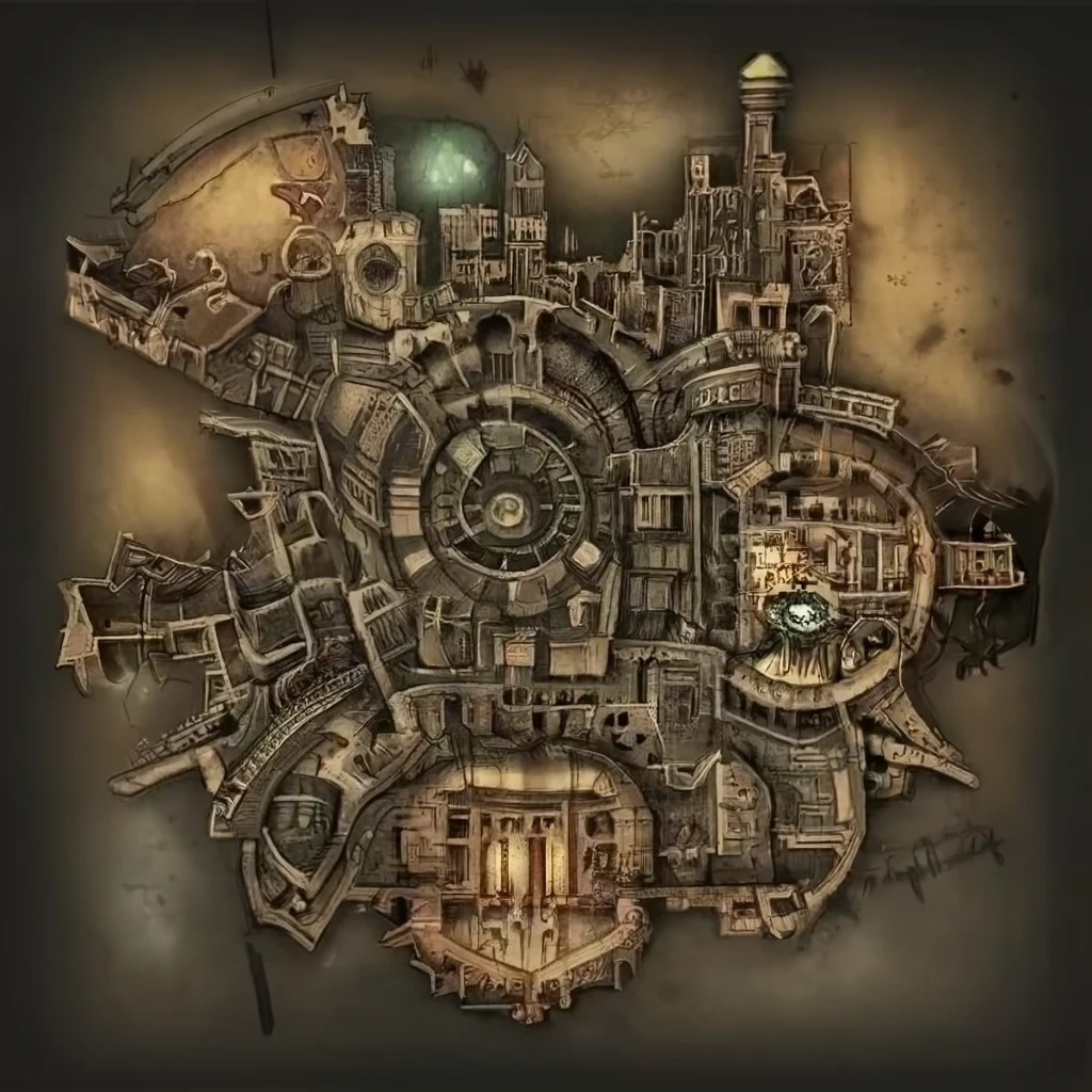 Detailed dark fantasy steampunk city map on Craiyon