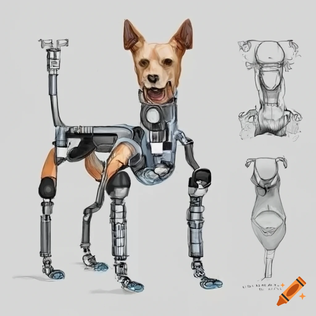 Drawings of canine anatomy and robotic prostheses on Craiyon