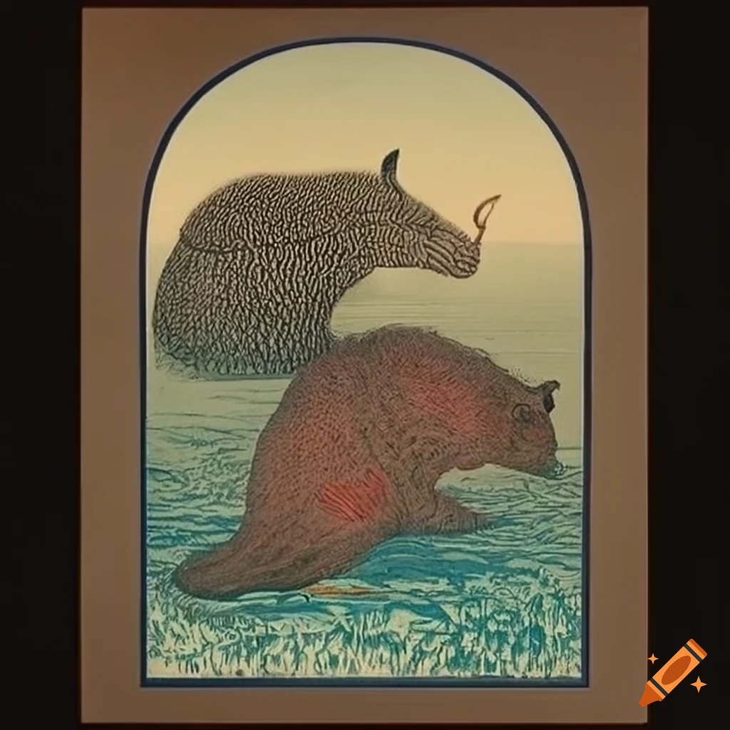 Color serigraph of Native Salish motifs and fantasy creatures on Craiyon