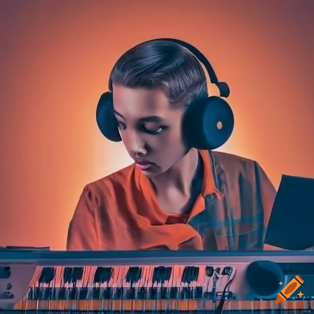 Music producer making music in orange-themed home studio on Craiyon