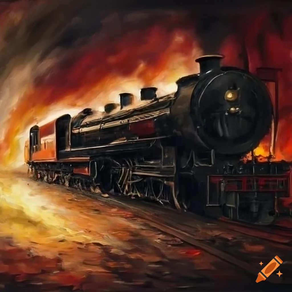 Oil painting of a steam train and falling moon on Craiyon