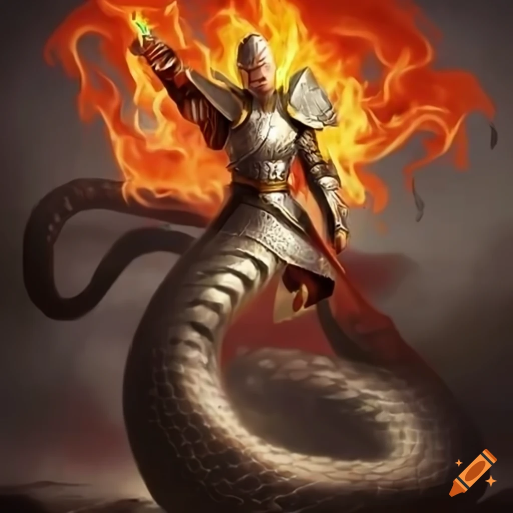 Digital art of a paladin riding a fire snake on Craiyon