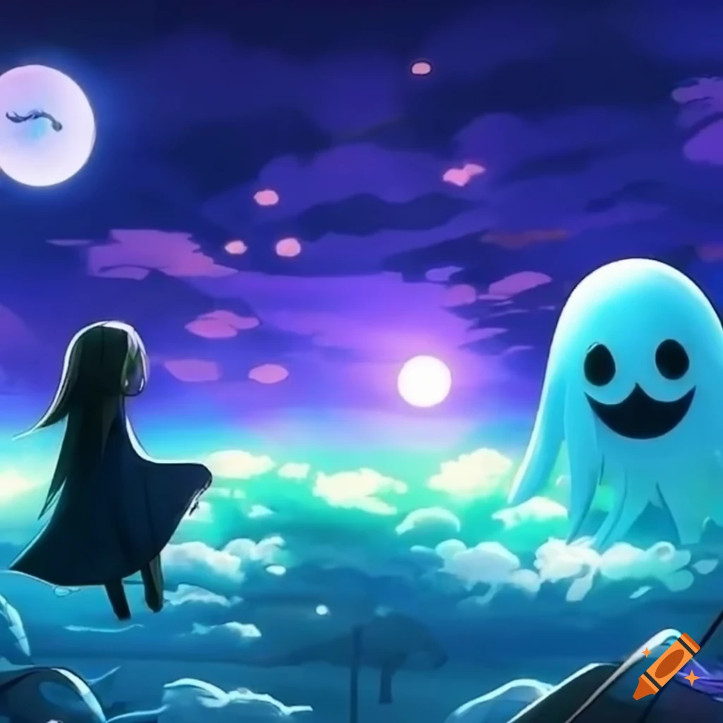 90s anime illustration of a ghost going up some stairs on Craiyon