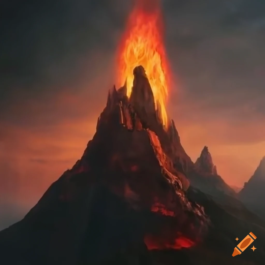 Hyperrealistic artwork of a magma crater with a peak and castle on Craiyon