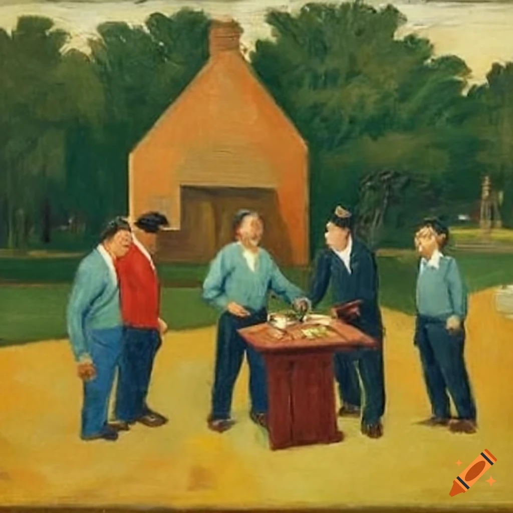 Social realism painting of men standing around a table in a park on Craiyon