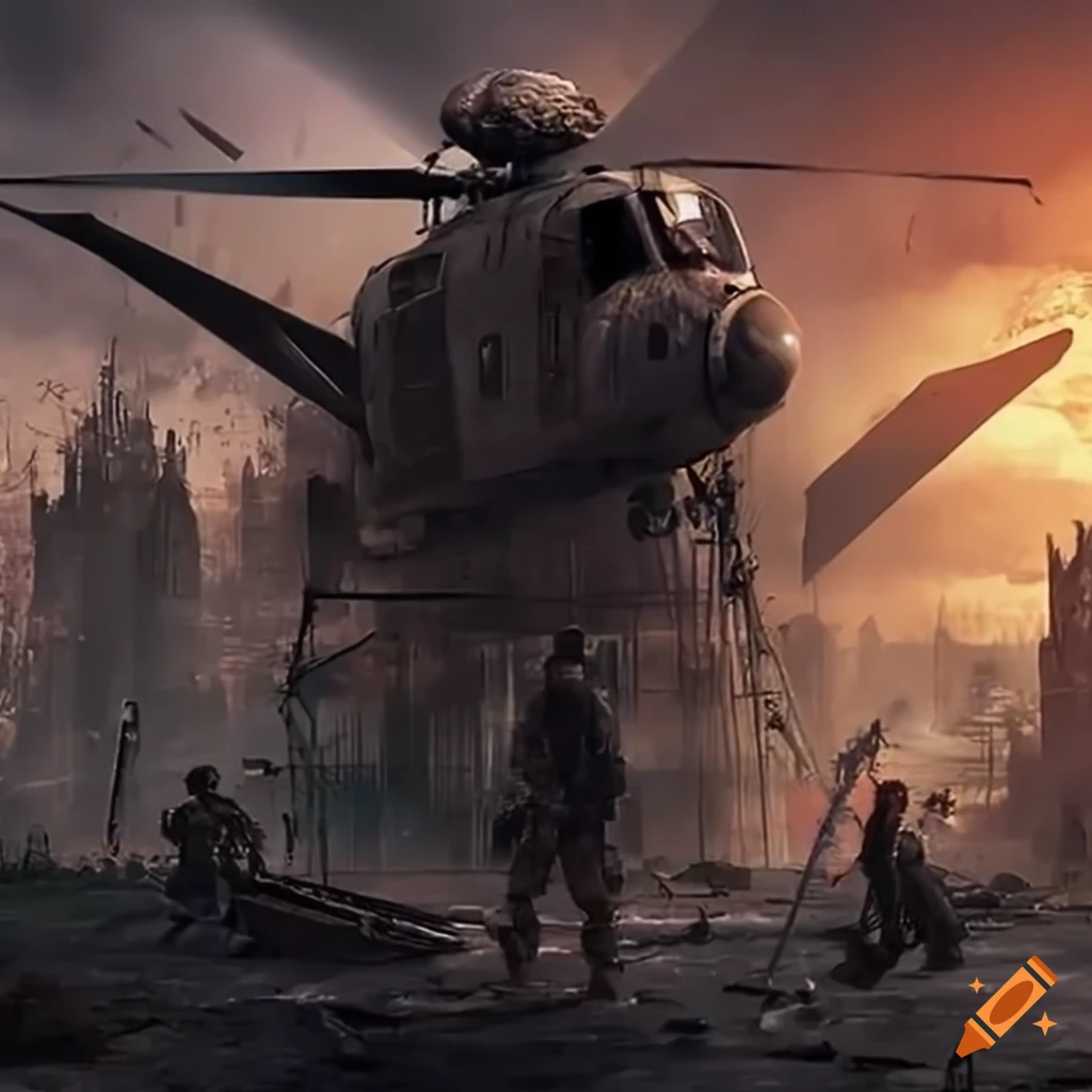 Helicopter rescuing men with swords from post-apocalyptic town on Craiyon