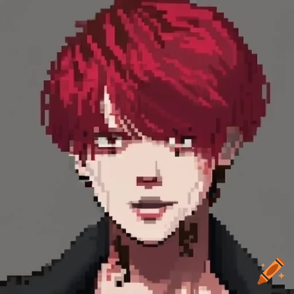 Pixel art of a korean guy with red hair and a sad expression