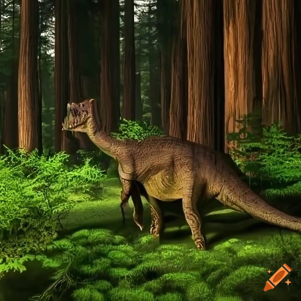 Paleoart of three hadrosaurus dinosaurs in a field with ferns on Craiyon
