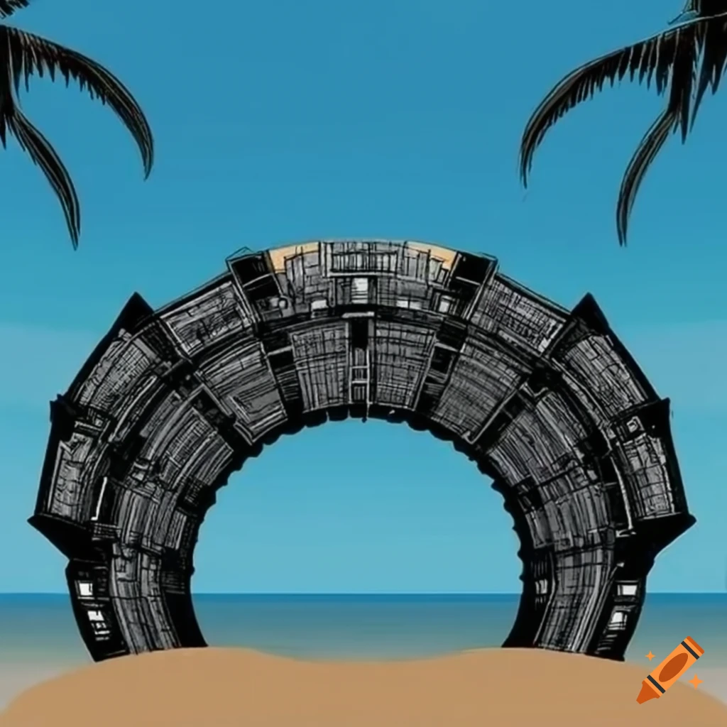 Cartoon rendering of a black stargate on a sunny beach on Craiyon